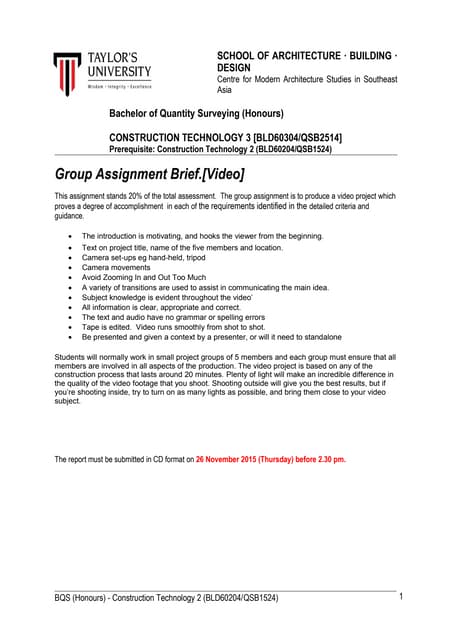 Construction technology 2 assignment brief | DOCX | Video Production | Content Production