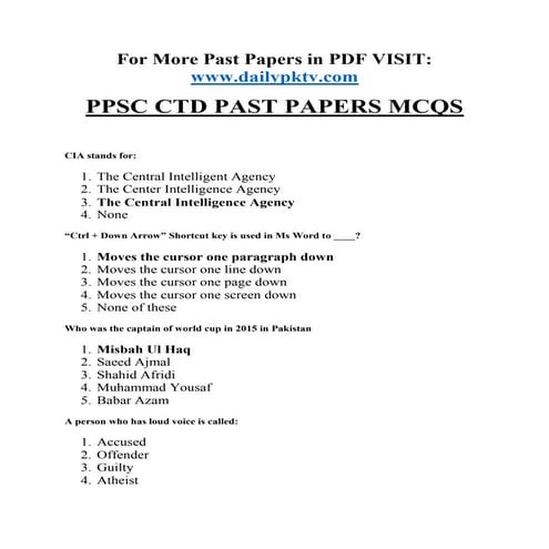 CTD Punjab Police Past Papers MCQs PPSC PDF | PDF
