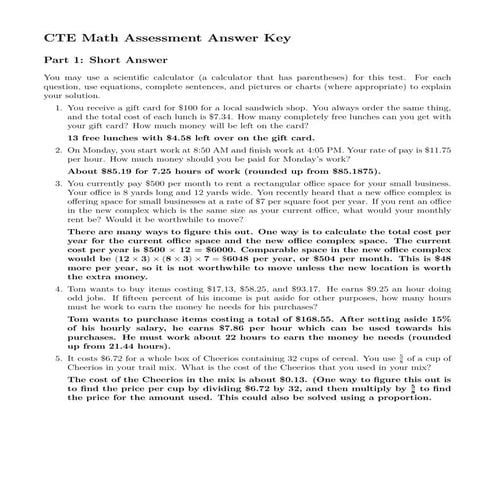 Cte math test_version_b_answer_key | PDF | Standardized Testing ...