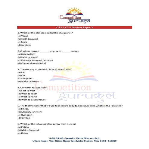 Ctet Evs Previous Paper 3 Pdf
