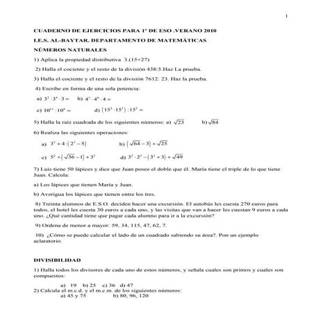 Ejercicios + solucionarios operaciones con números naturales | PDF