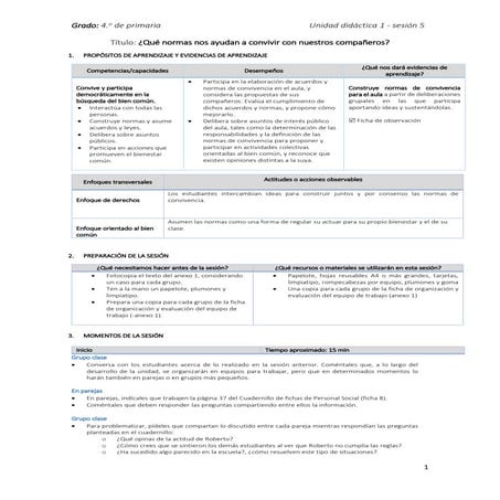 Sesión de Aprendizaje 01 de Unidad Didáctica 01 del Área de Personal ...