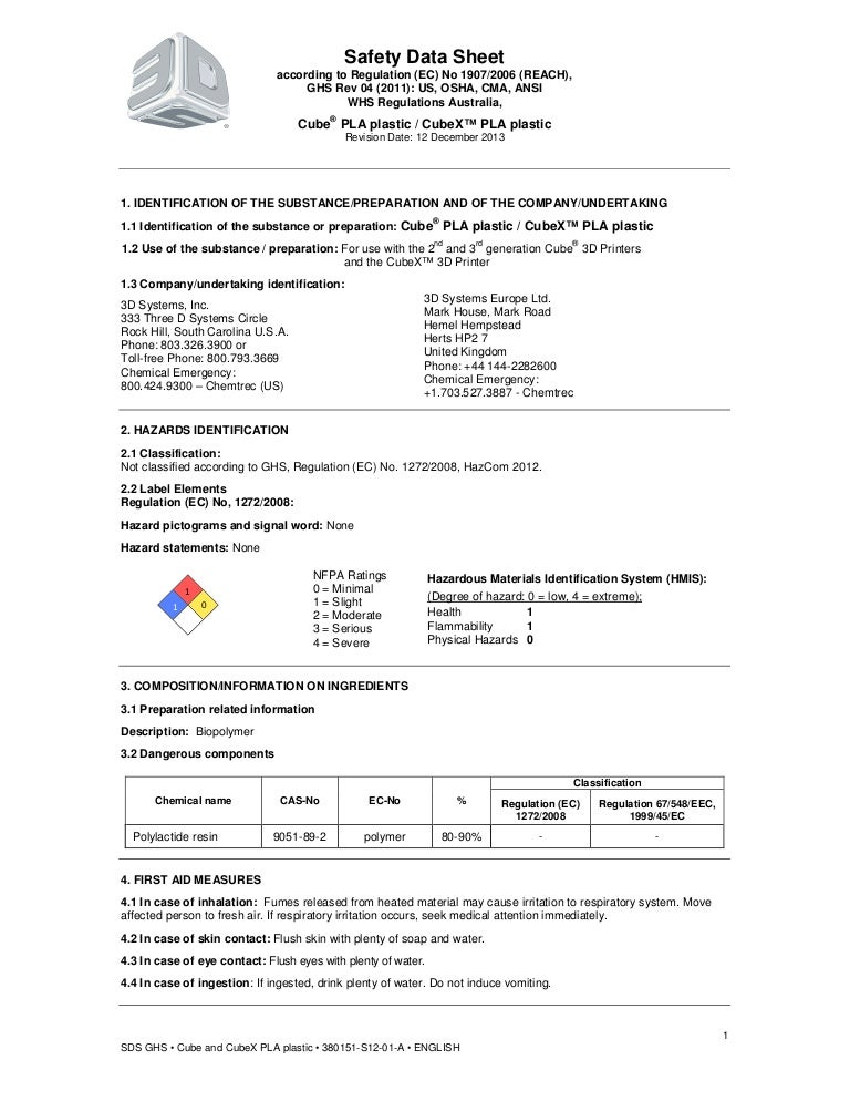MSDS about the PLA plastic consumable for Cube and CubeX