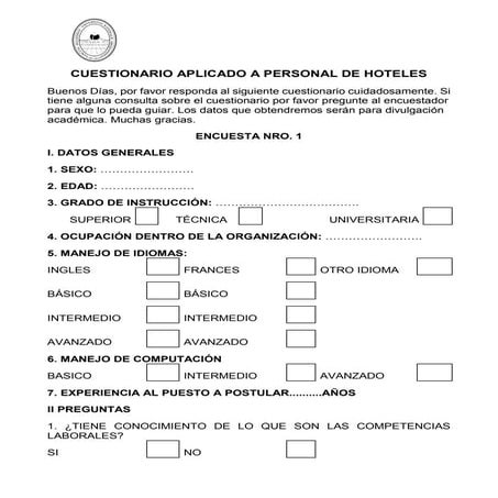 Cuestionario aplicado a personal de hoteles | DOCX