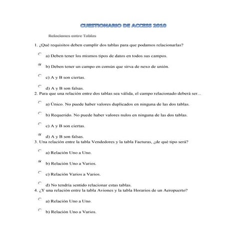 capitulo 1 Cuestionario de access relaciones entre tablas | PDF