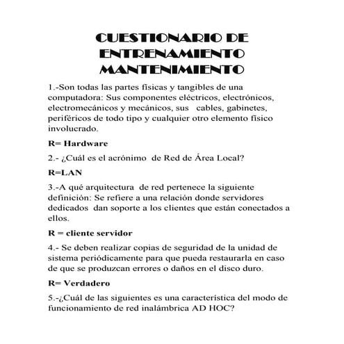 Cuestionario de entrenamiento de mantenimiento mmmm | DOCX | Computer Networking | Computing