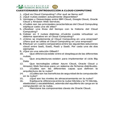 CUESTIONARIO INTRODUCCION A CLOUD COMPUTING | DOCX