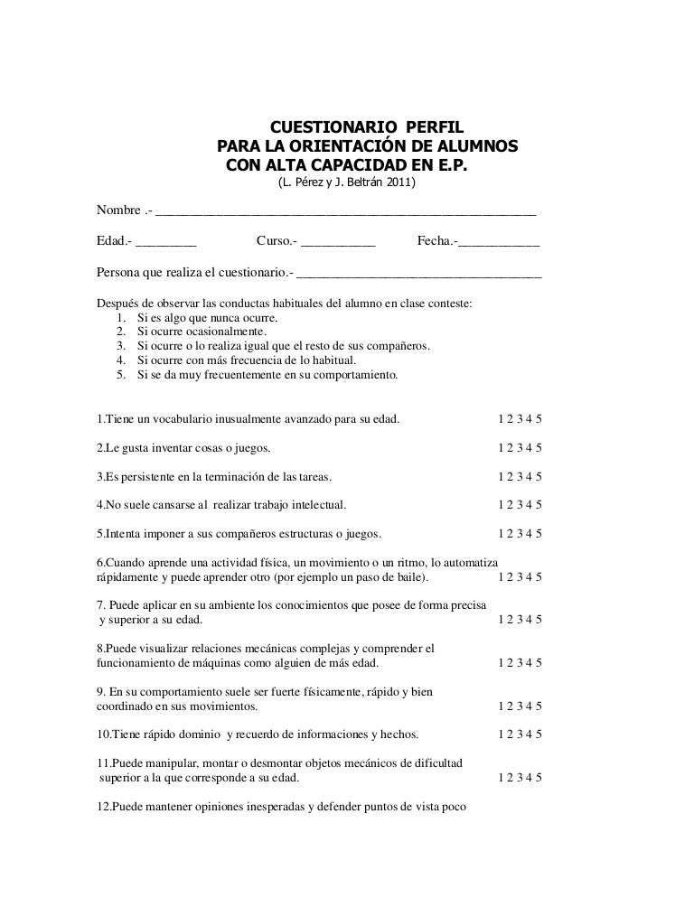 Cuestionario Perfil Para La Orientación De Alumnos Con Alta Capacidad