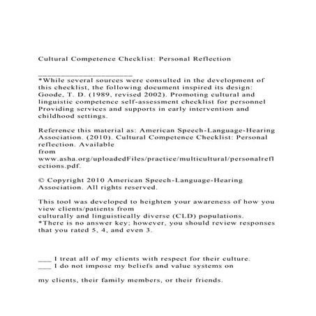 Cultural Competence Checklist Personal Reflection _______.docx