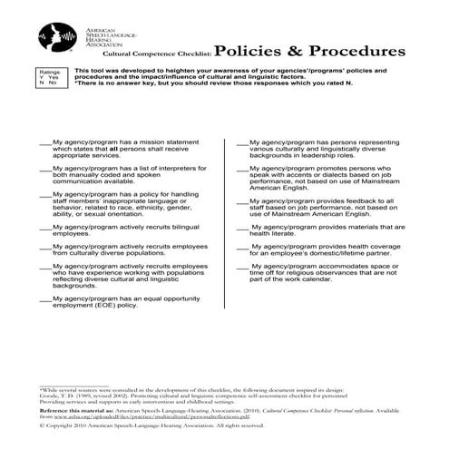 Cultural Competence Checklist: Policies, Procedures | PDF