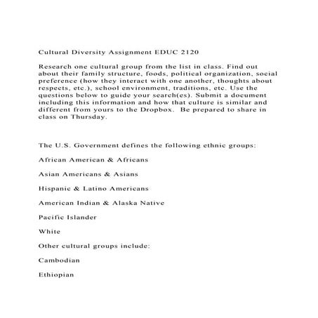 Cultural Diversity Assignment EDUC 2120Research one cultural.docx