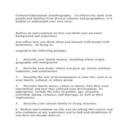 CulturalEducational Autobiography To effectively work with people ...