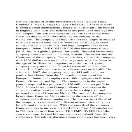 Culture Clashes at Mehta Investment Group A Case Study Kamlesh | DOCX