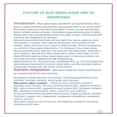 Culture of blue green algae and its importance | DOCX