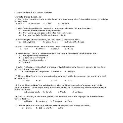 Culture study unit 4 Chinese Holidays worksheet | PDF