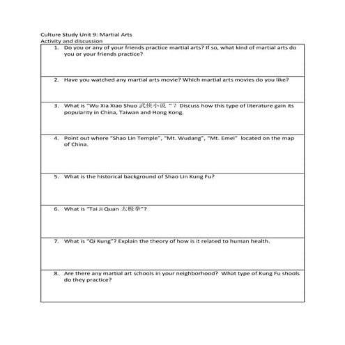 Culture study unit 9 Chinese Martial Arts worksheet | PDF