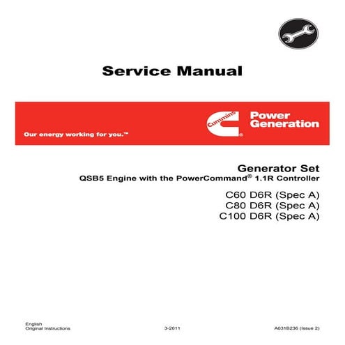 Cummins onan c60 generator set qsb5 engine with the power command 1.1r controller service repair ...