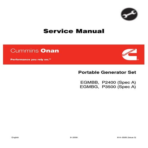 Cummins onan egmbb, p2400 (spec a) generator service repair manual ...
