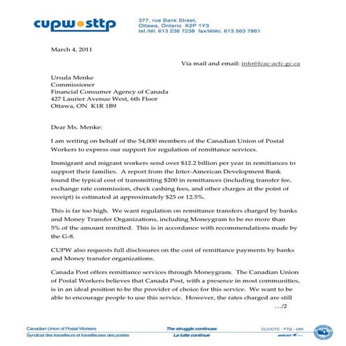 CUPW Support Letter | PDF