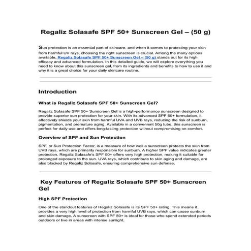 Regaliz Solasafe SPF 50+ Sunscreen Gel – 50g | Ultimate Protection for ...
