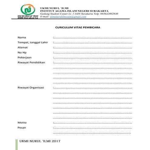 Contoh Curiculum vitae pembicara UKMI NURUL `ILMI | PDF