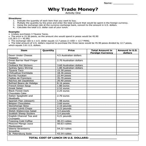 Currency exchange rate activity 2 why trade money | DOC