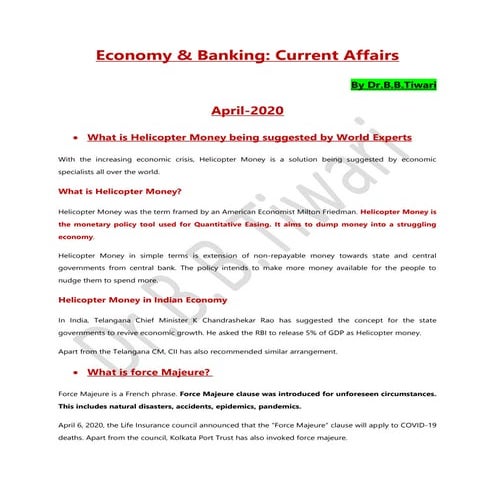 Indian Economy: Current Affairs (April-May-June 2020)English medium | PDF