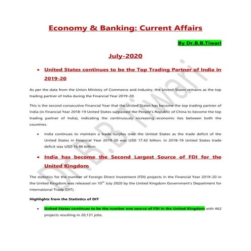 Indian Economy: Current Affairs (July-Aug-Sep 2020)English Medium | PDF