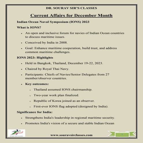 Current Affairs Notes for December Month | PDF | Political Issues ...