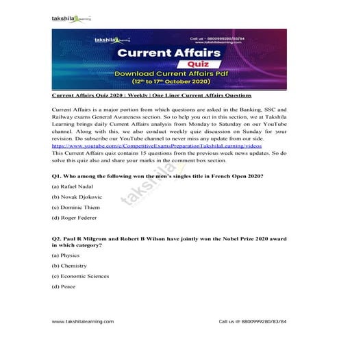 Current Affairs Quiz 2020 : Weekly | PDF