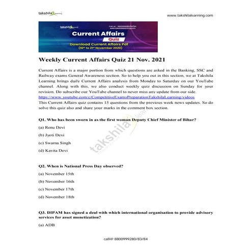 Current Affairs Quiz 2020 Weekly Pdf