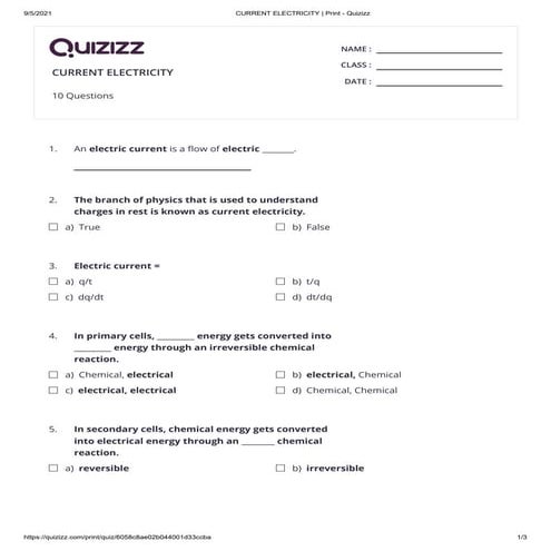 Current electricity print quizizz | PDF
