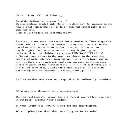 Current Issue Critical ThinkingRead the following excerpt from | PDF