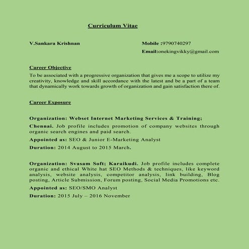 Sankara Krishnan SEO SEM SMO Analayst Resume | Curriculum vitae | PDF | Resume Writing and ...