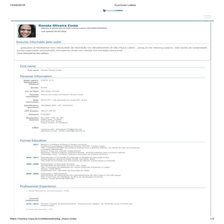 Curriculum vitae Renata Oliveira Costa | PDF