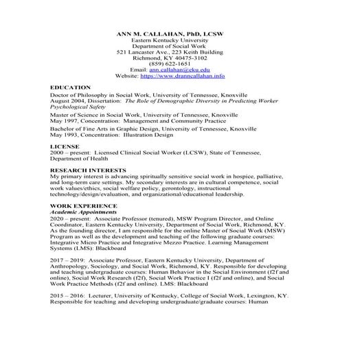 CV for Ann M. Callahan, PhD, LCSW as of 02/20/21 | PDF