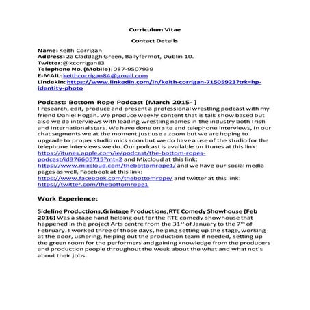 Curriculum Vitae Keith Corrigan | DOCX | Public Radio | Talk Radio