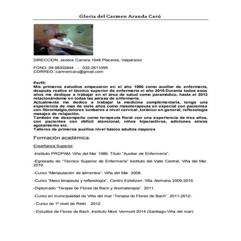 Curriculum vitae gloria aranda terapia complementarias | DOCX