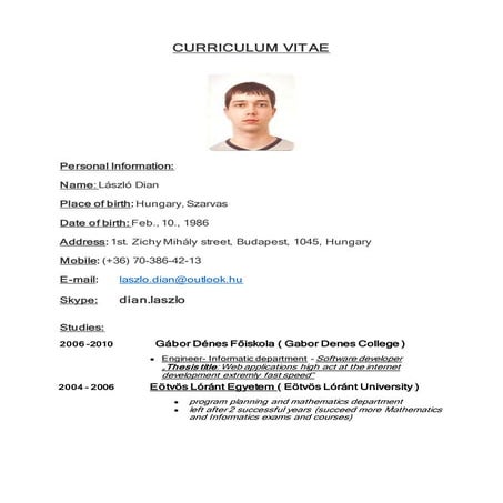 Curriculum vitae laszlo dian_eng_2017_04 | DOCX | Programming Languages | Computing