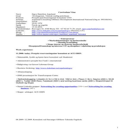 Curriculum vitae norsk Sigve Hamilton Aspelund | DOC