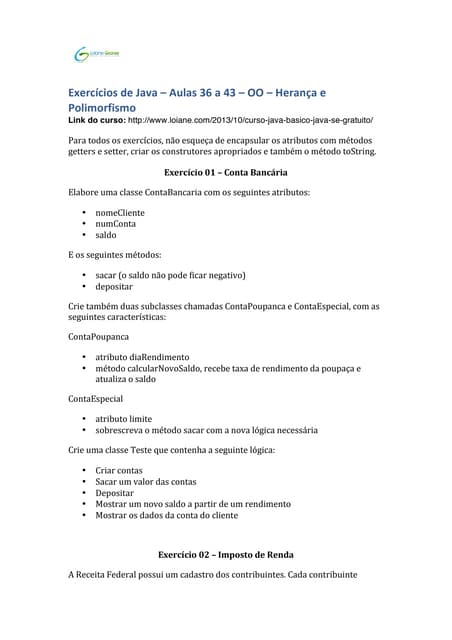 [Curso Java Básico] Exercícios Aulas 11 12 13 | PDF