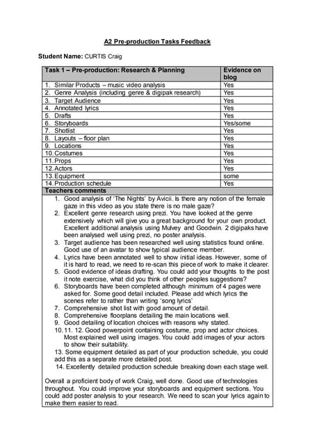 Pre-Production tasks feedback sheet | DOCX