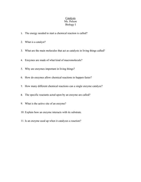 Enzymes And Chemical Reactions Worksheet Metabolism: Energy And