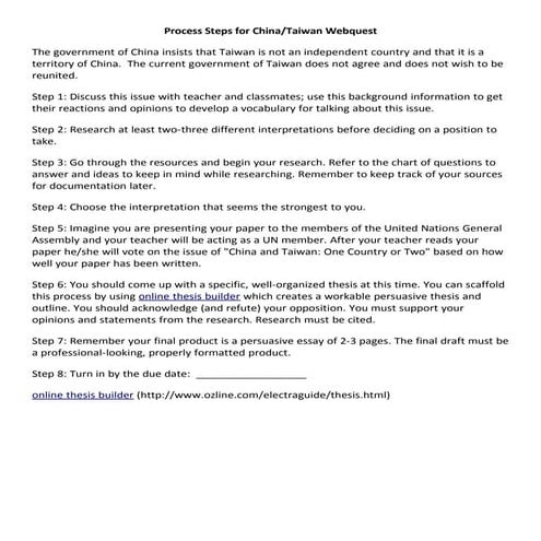 Process Steps for China/Taiwan WebQuest | DOC