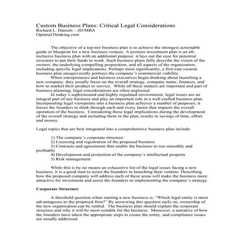 Custom Business Plans: Critical Legal Considerations | PDF