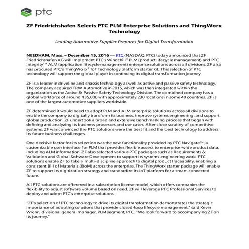 ZF Friedrichshafen Selects PTC PLM Enterprise Solutions and ThingWorx Technology | DOCX