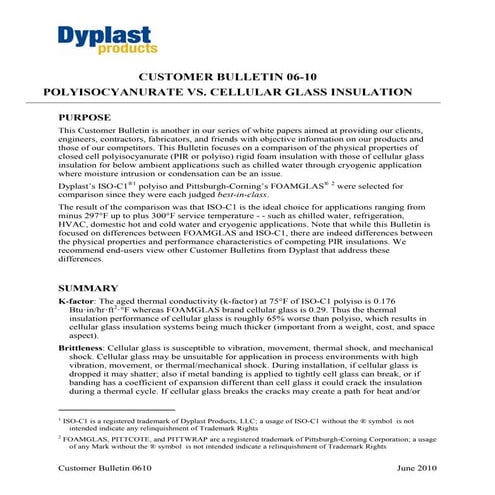 Customer Bulletin 0610 Polyisocyanurate vs. Cellular Glass Insulation | PDF