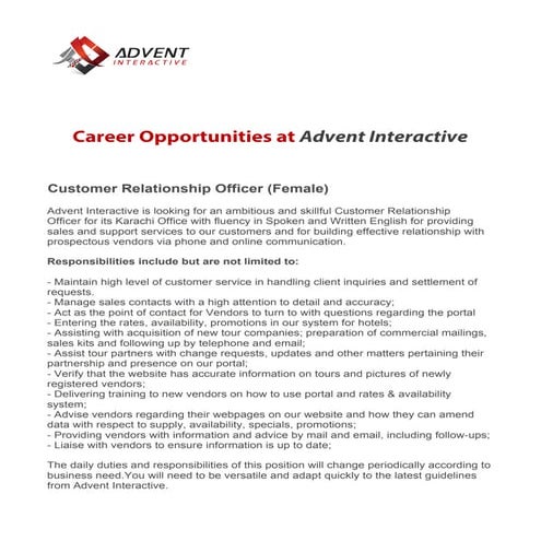 Customer Relationship Officer (Female) | PDF