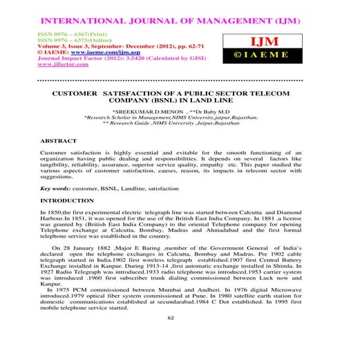 Customer satisfaction of a public sector telecom company bsnl in land line | PDF