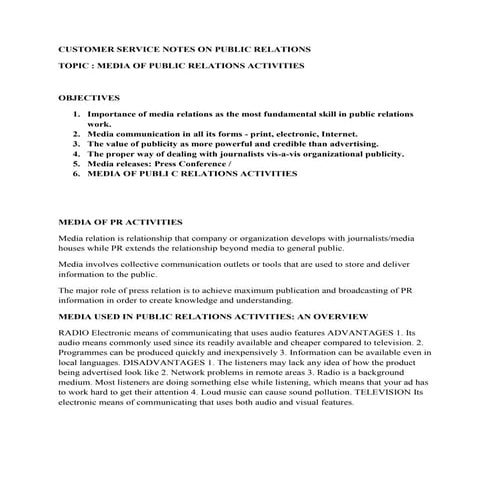CUSTOMER SERVICE NOTES ON PUBLIC RELATIONS,,TOPIC MEDIA.docx
